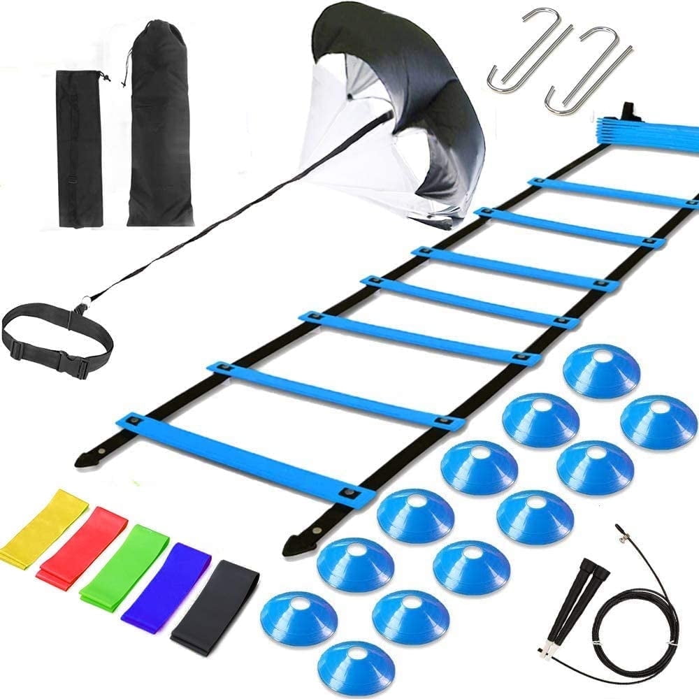 Agility Ladder Speed Training Set: 12 Rung Ladder, Parachute, Jump Rope, Bands, 12 Cones for ...