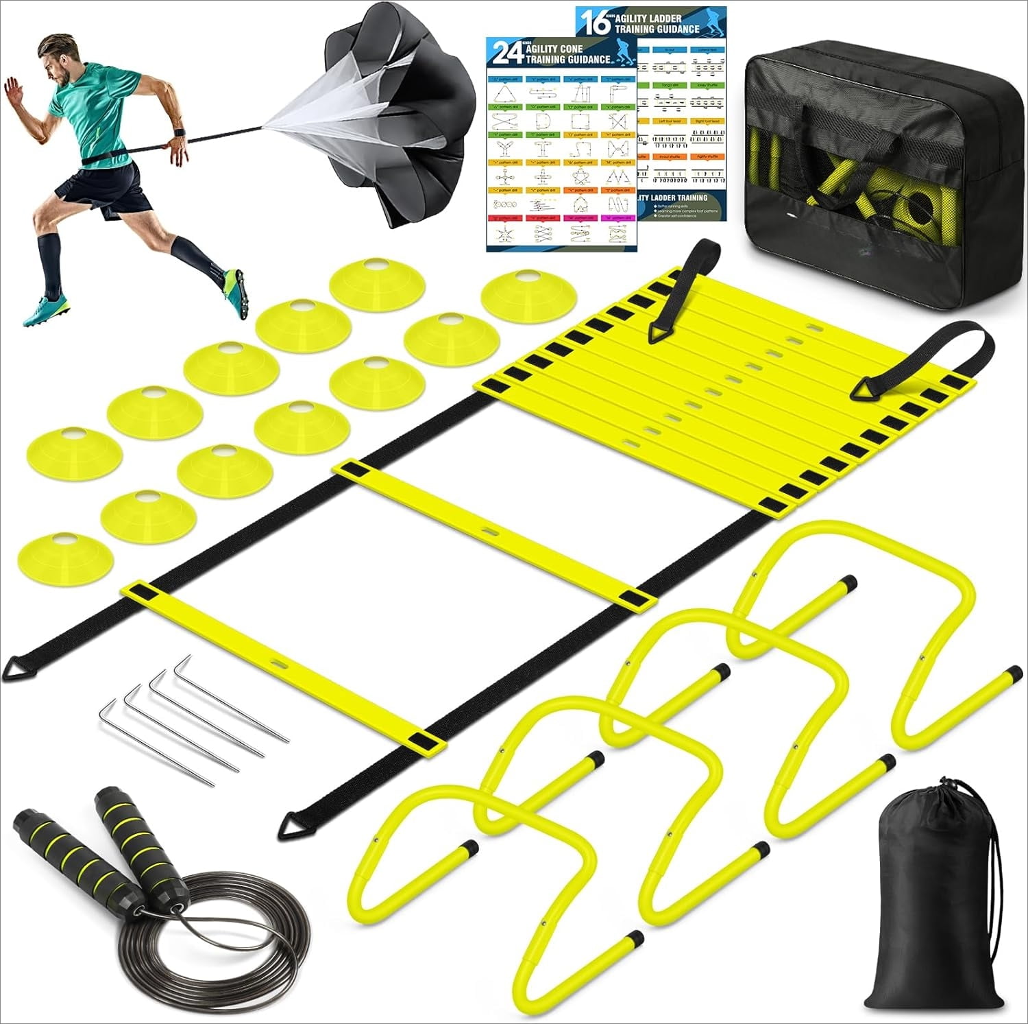Agility Ladder Speed Training Equipment Set-20ft Agility Ladder,12 Soccer Cones,4 Hurdles, Jump ...