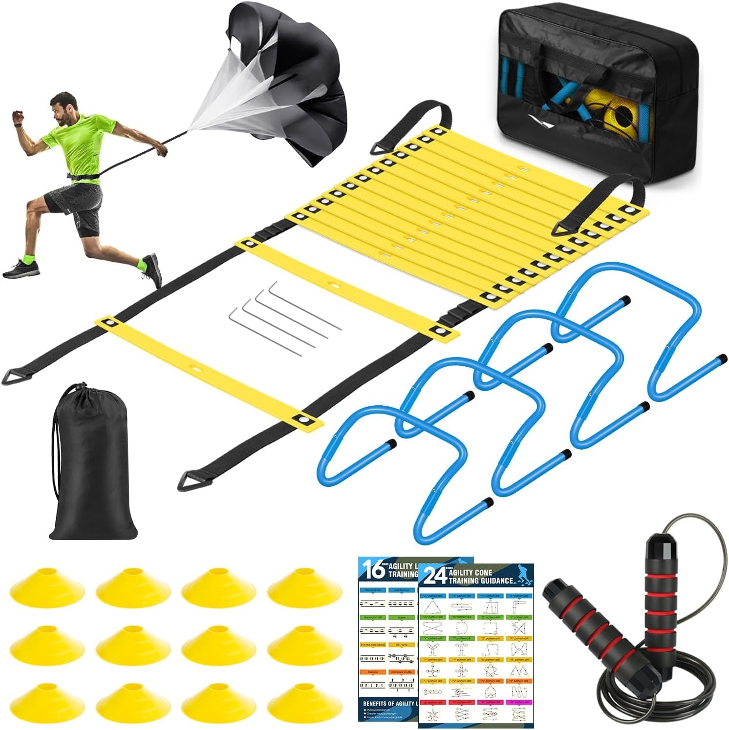 Agility Ladder Speed Training Equipment Set-20ft Agility Ladder,12 Soccer Cones,4 Hurdles, Jump ...
