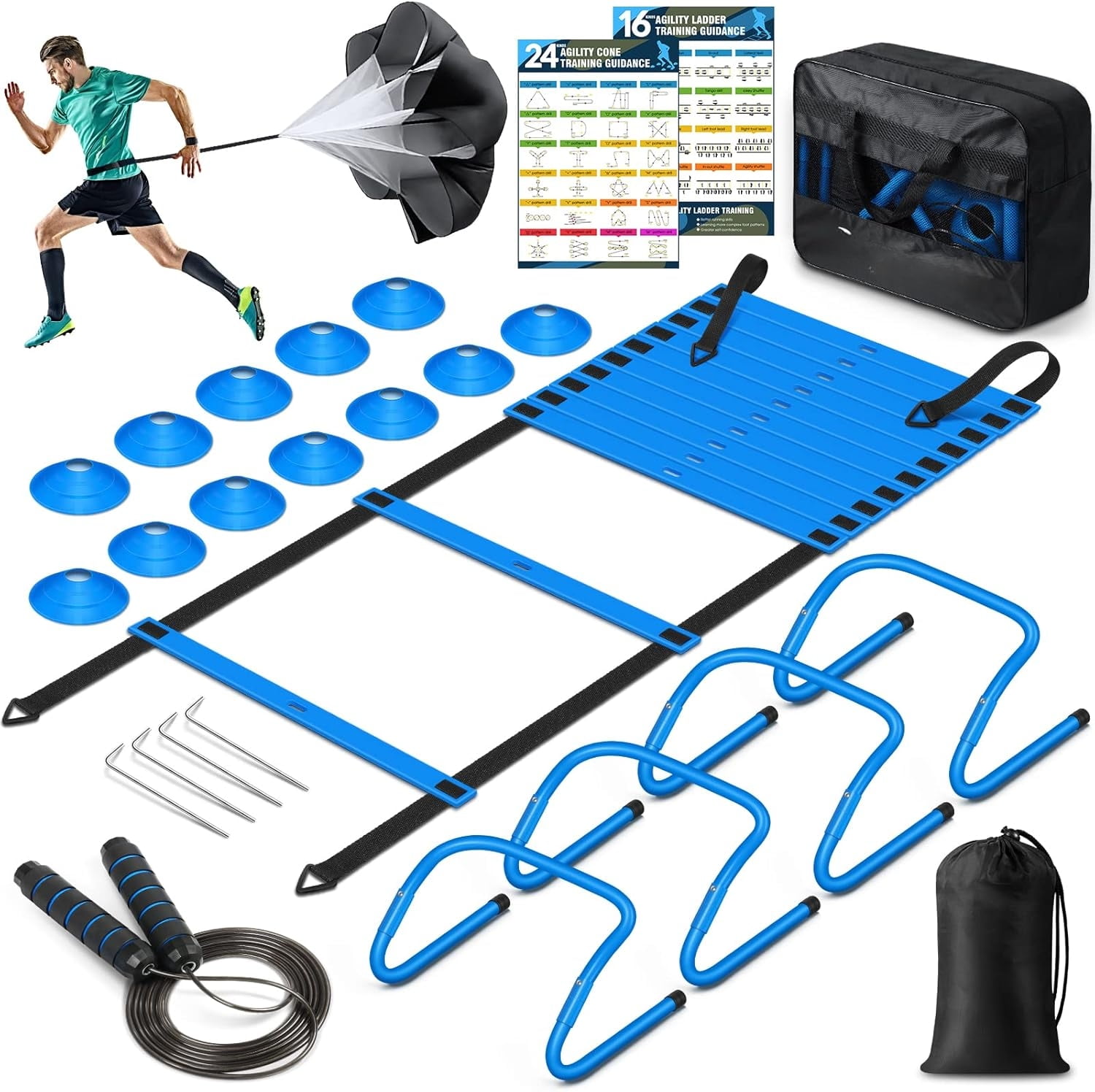 Agility Ladder Speed Training Equipment Set-20ft Agility Ladder,12 Soccer Cones,4 Hurdles, Jump ...
