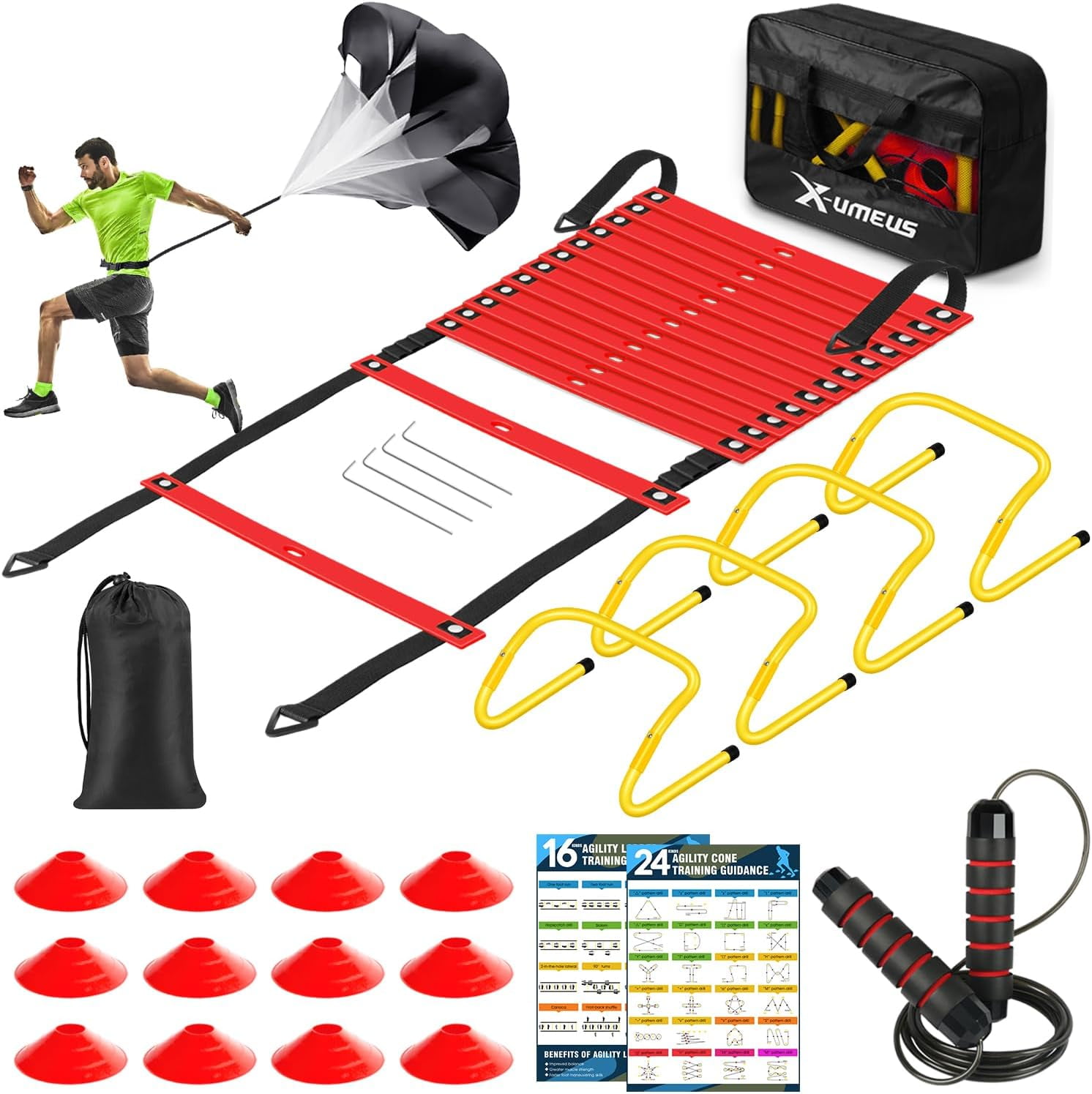 Agility Ladder Speed Training Equipment Set-20ft Agility Ladder,12 Soccer Cones,4 Hurdles, Jump ...