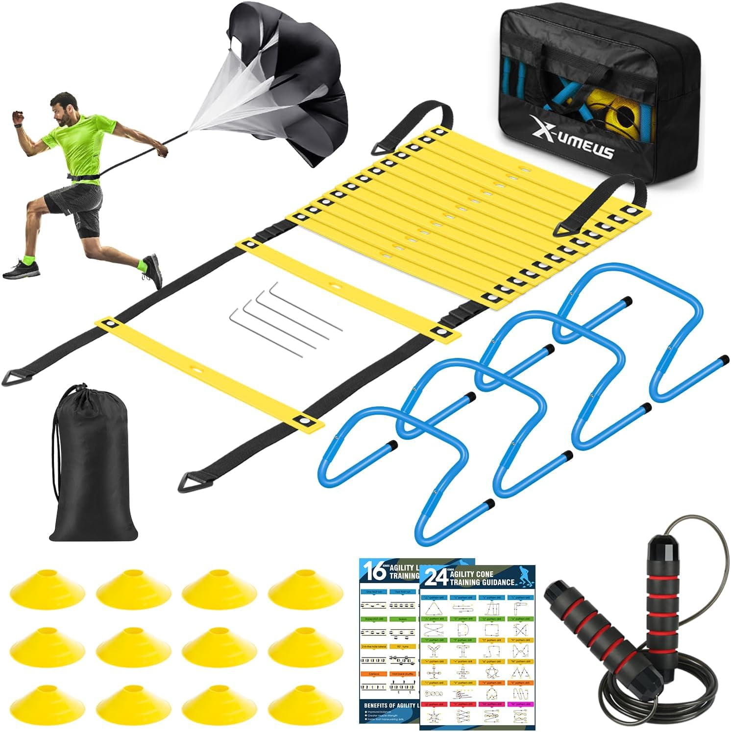 Agility Ladder Speed Training Equipment Set-20ft Agility Ladder,12 Soccer Cones,4 Hurdles, Jump ...