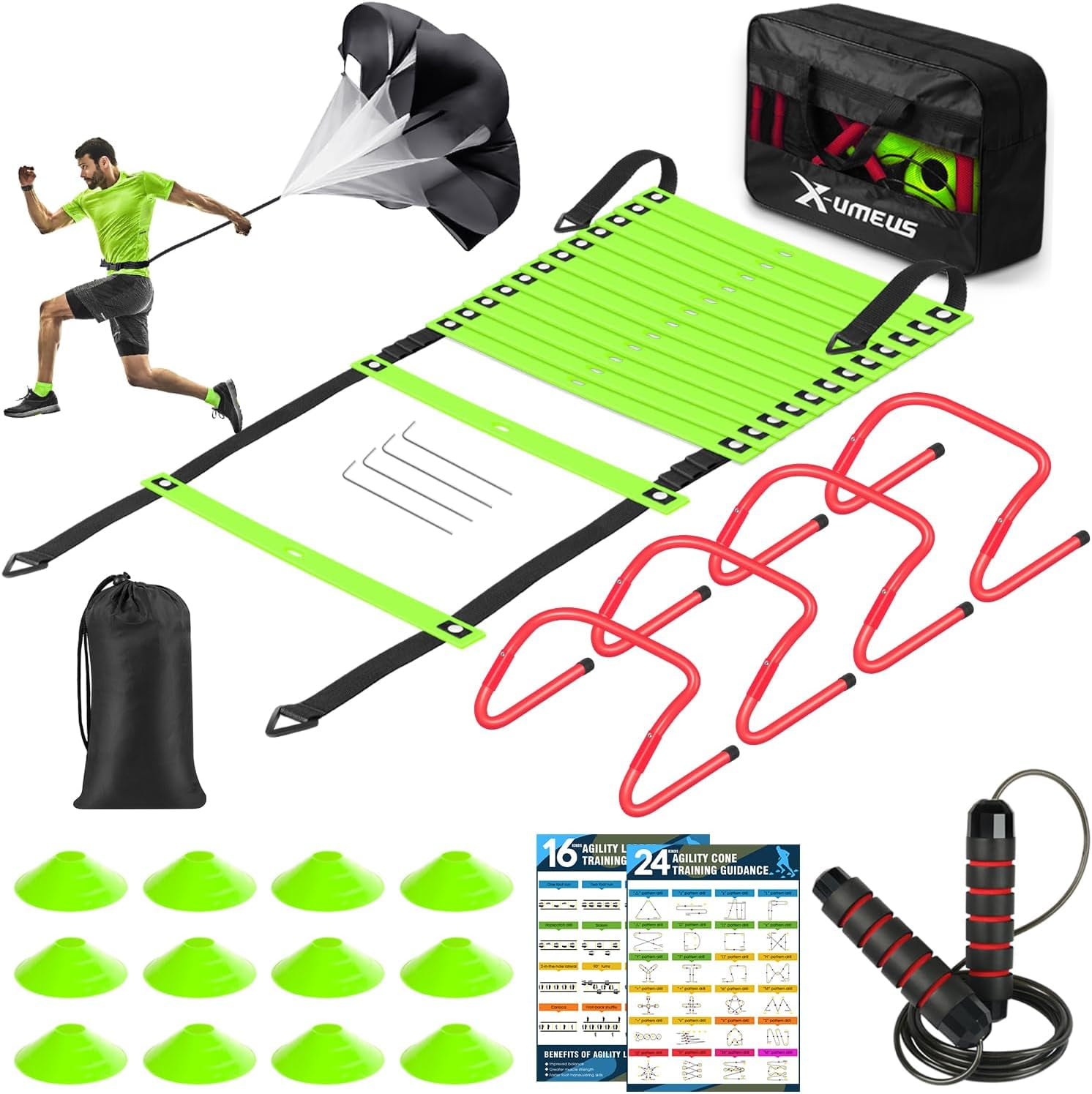 Agility Ladder Speed Training Equipment Set-20ft Agility Ladder,12 Soccer Cones,4 Hurdles, Jump ...