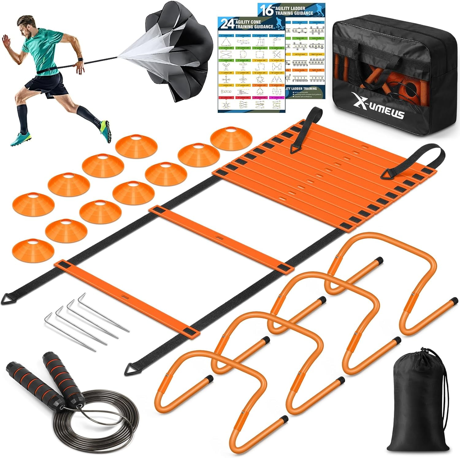 Agility Ladder Speed Training Equipment Set-20ft Agility Ladder,12 Soccer Cones,4 Hurdles, Jump ...