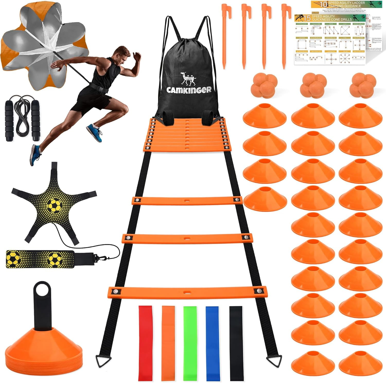 Agility Ladder Agility Training Equipment Set-20ft Speed Ladder/Running Parachute/24 Soccer ...