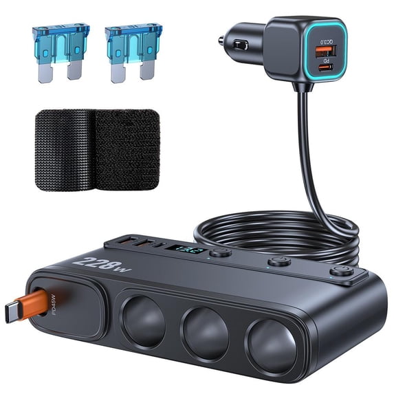 Agiufgs 228W Car Charger Splitter with 3 Sockets & 4 USB Ports, Power ...