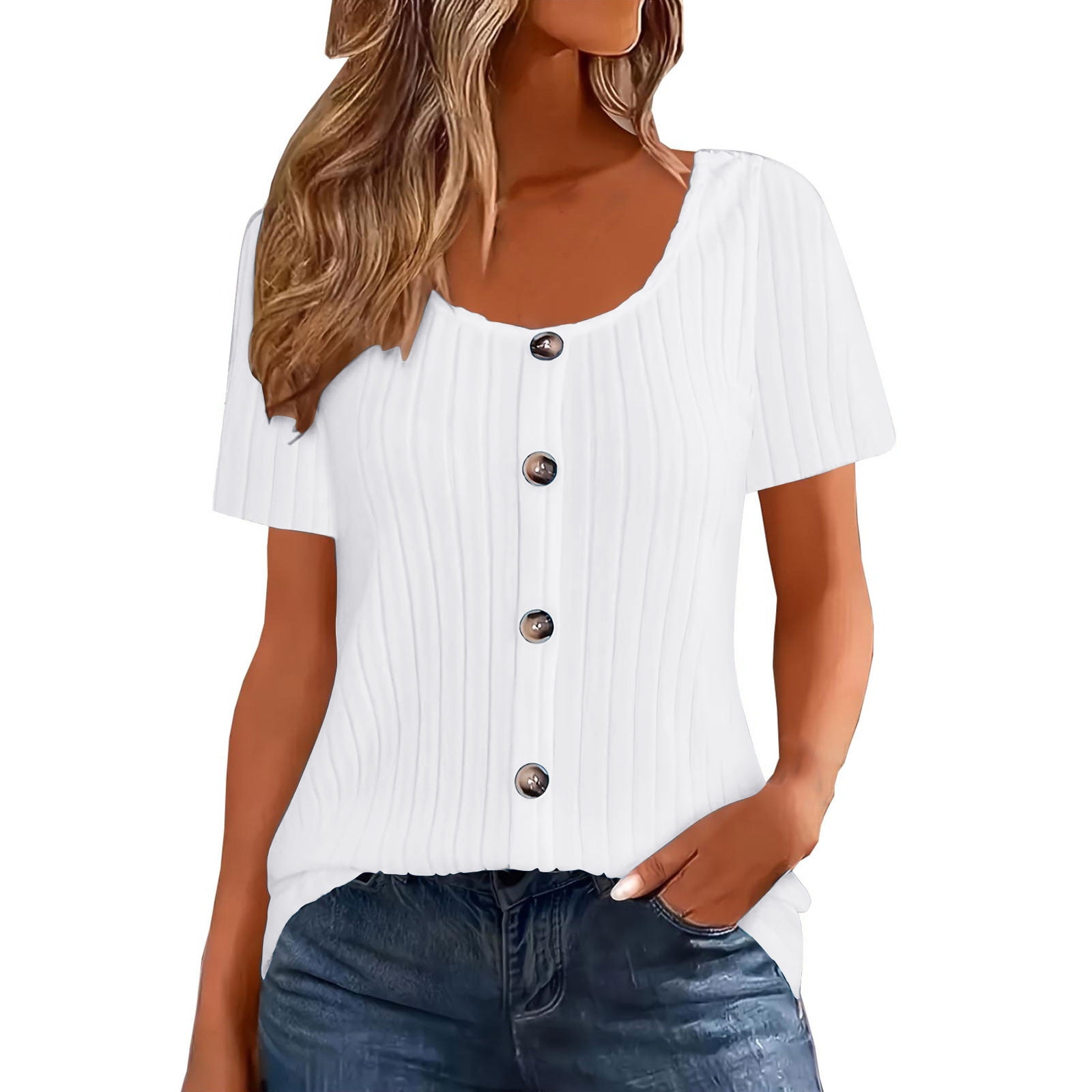 Agkizg Button Front Crewneck Top for Women, Short Sleeve Relaxed ...