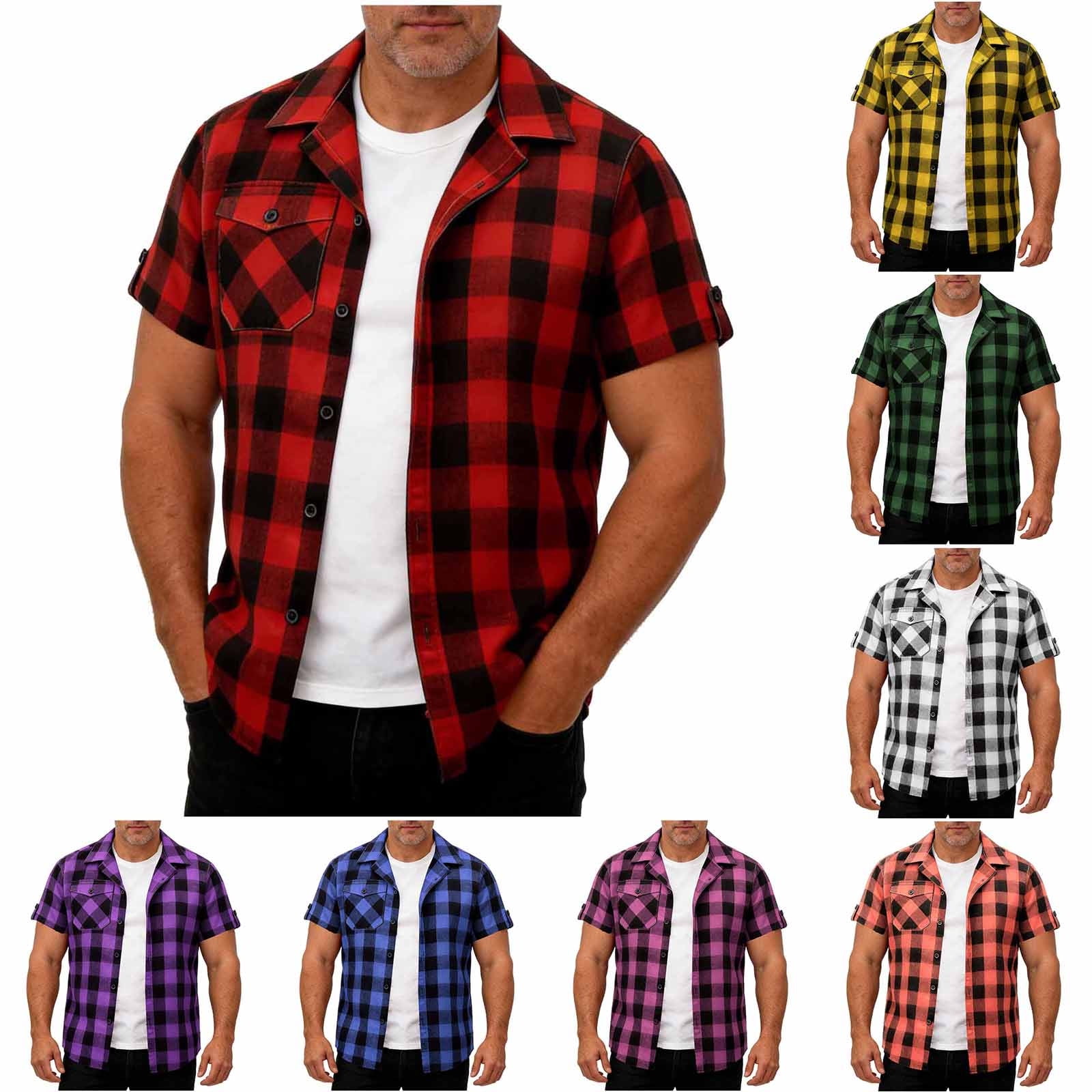 Agkizg Casual Button Down Shirts Short Sleeve Plaid Shirt Stand Collar ...