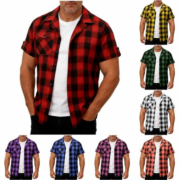 Agkizg Casual Button Down Shirts Short Sleeve Plaid Shirt Stand Collar ...