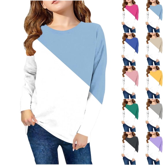 Agkizg Girls Colorblock Print Long Sleeve Top, Round Neck Pullover ...