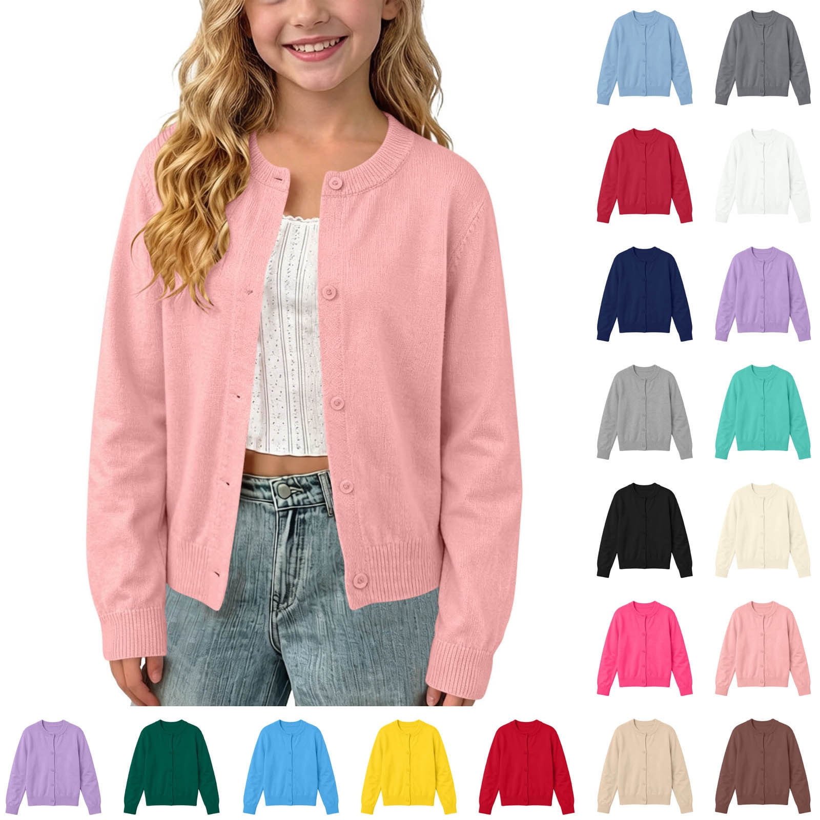 Agkizg Girls Fall Lightweight School Style Solid Color Crewneck Button ...