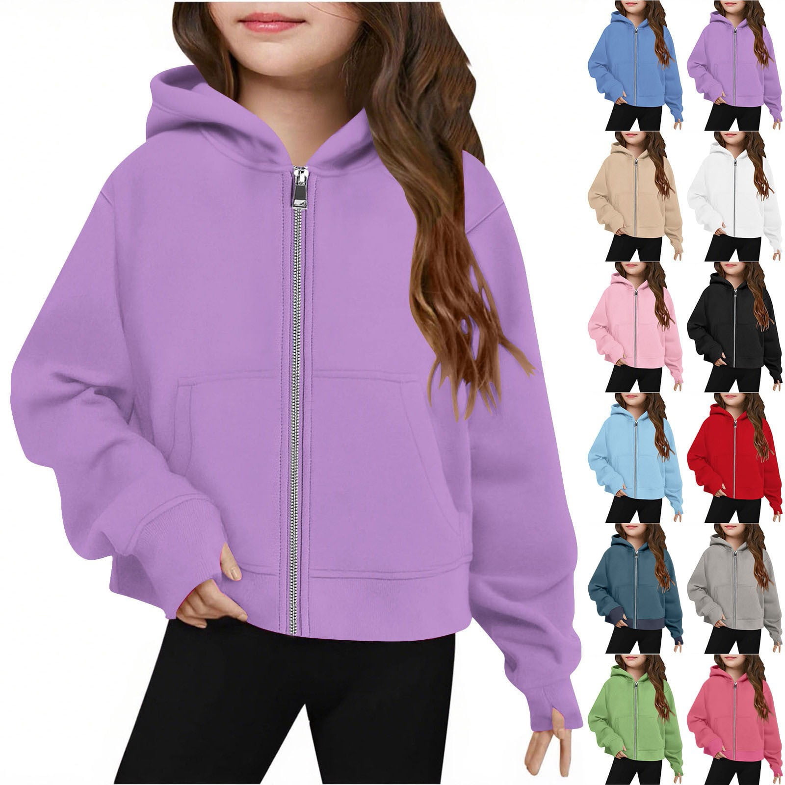 Agkizg Girls Full Zip Hoodie, Solid Color Long Sleeve Jacket with Thumb ...