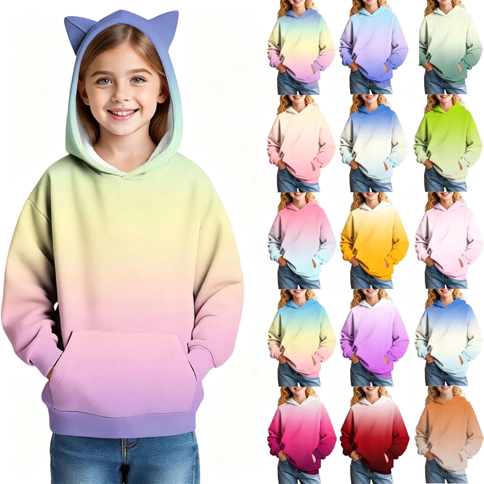 Agkizg Girls Gradient Hoodie with Ears and Pouch Pocket, Fleece Lined ...