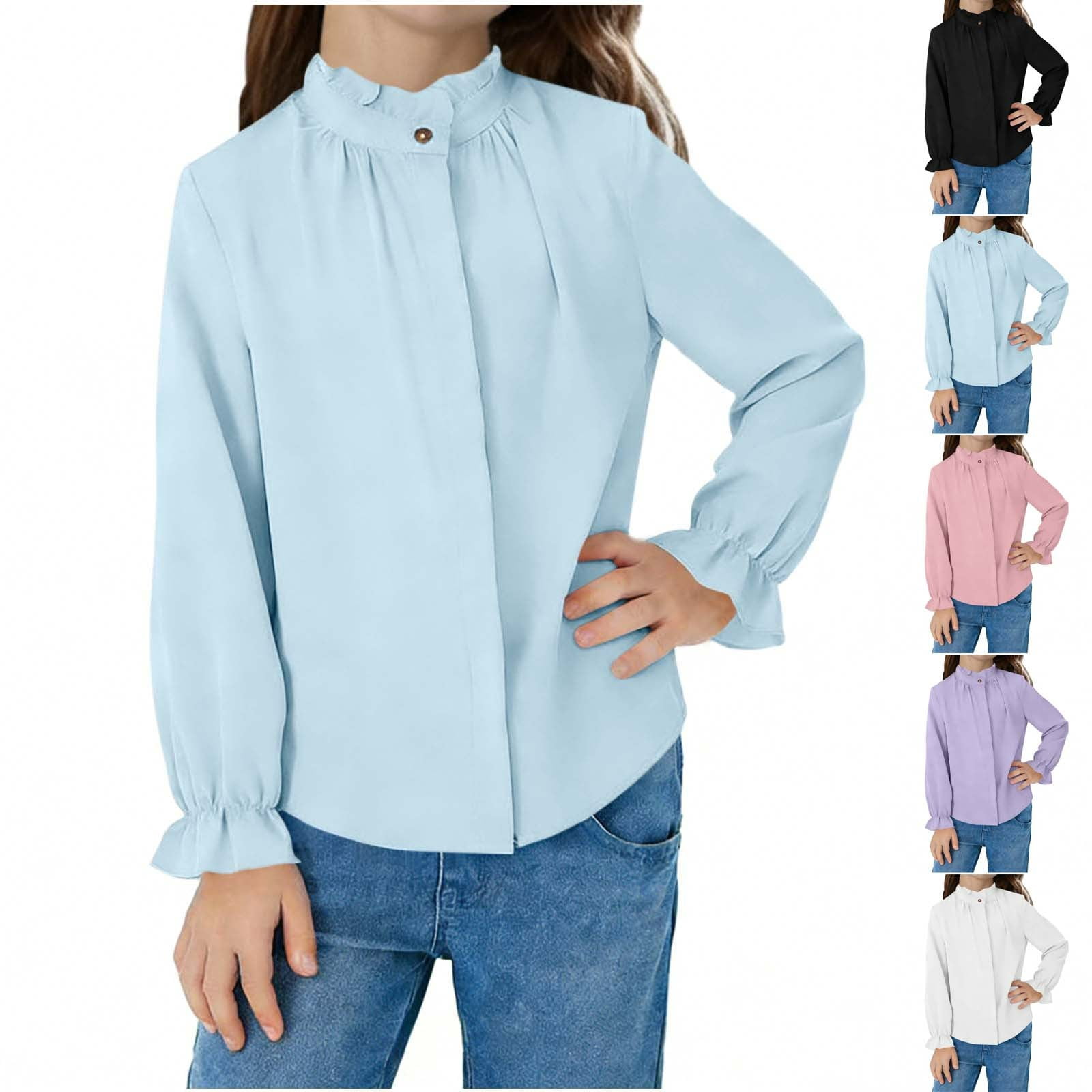 Agkizg Girls Mock Neck Blouse, Solid Color Long Sleeve Button Down ...