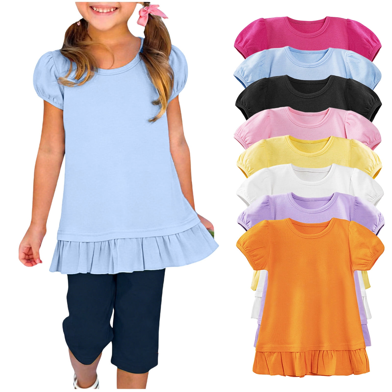Agkizg Girls Puff Sleeve T-Shirt with Ruffle Hem Summer Solid Color ...