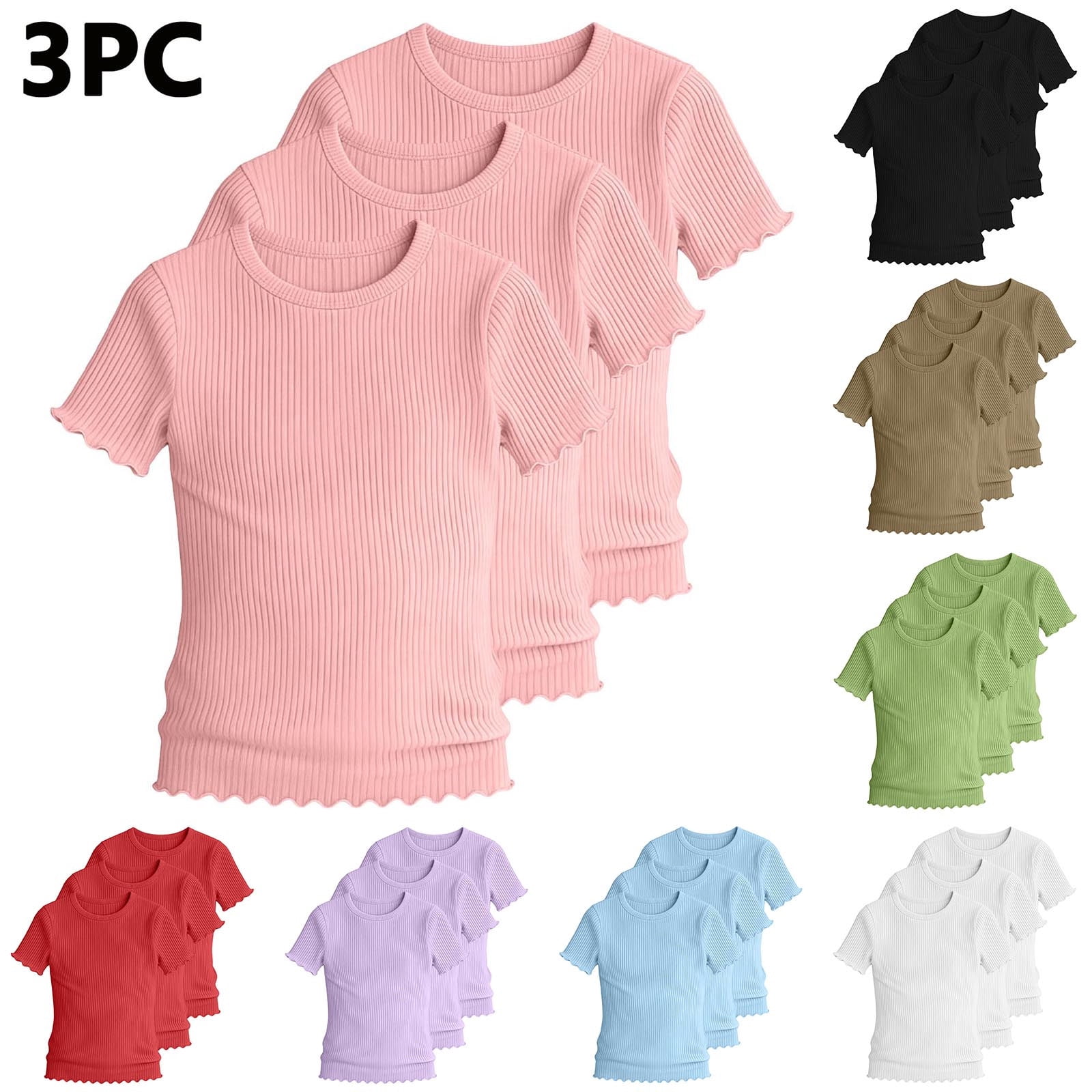 Agkizg Girls Ribbed T-Shirts 3 Pack Solid Lace Trims Short Sleeve ...