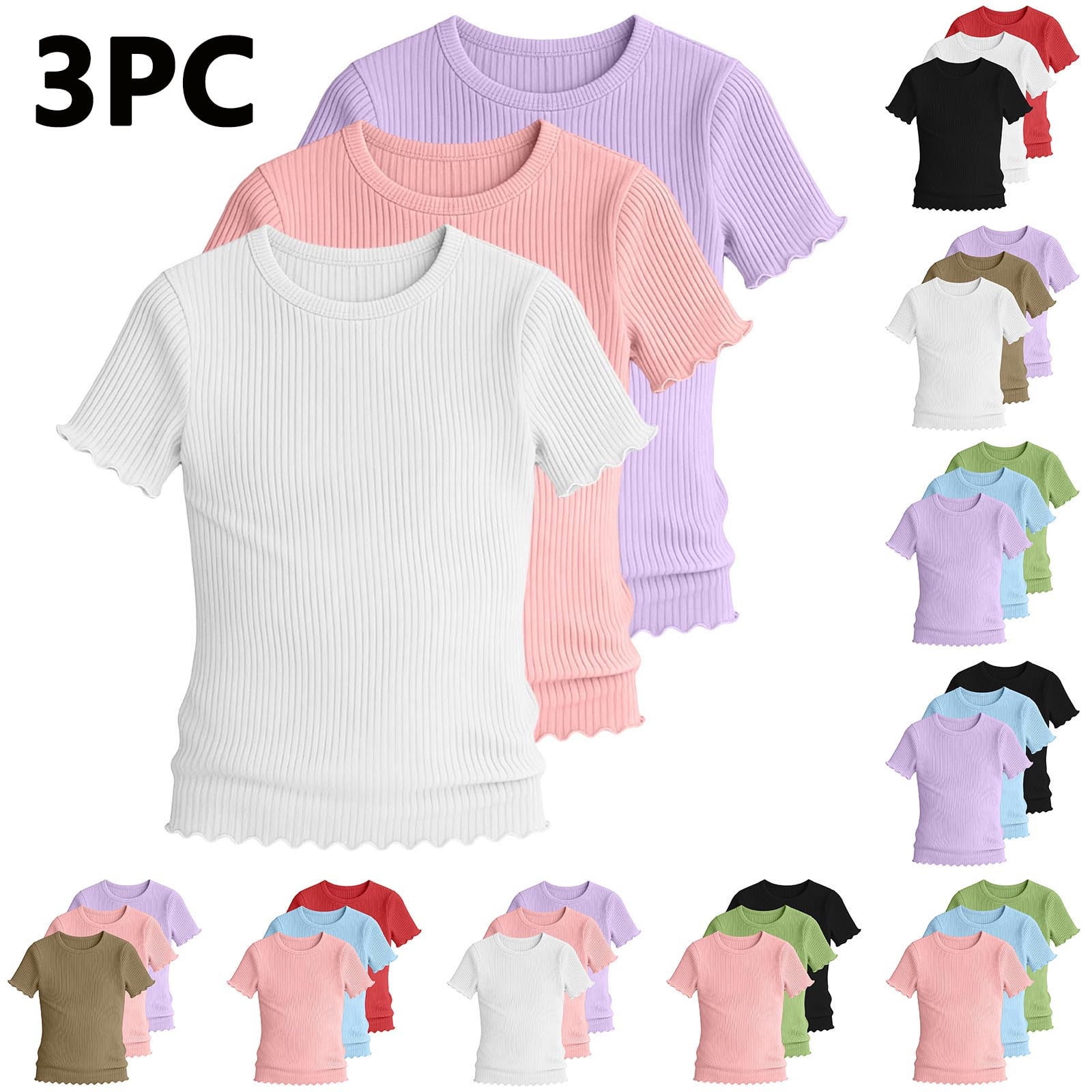 Agkizg Girls Ribbed T-Shirts 3 Pack Solid Lace Trims Short Sleeve ...