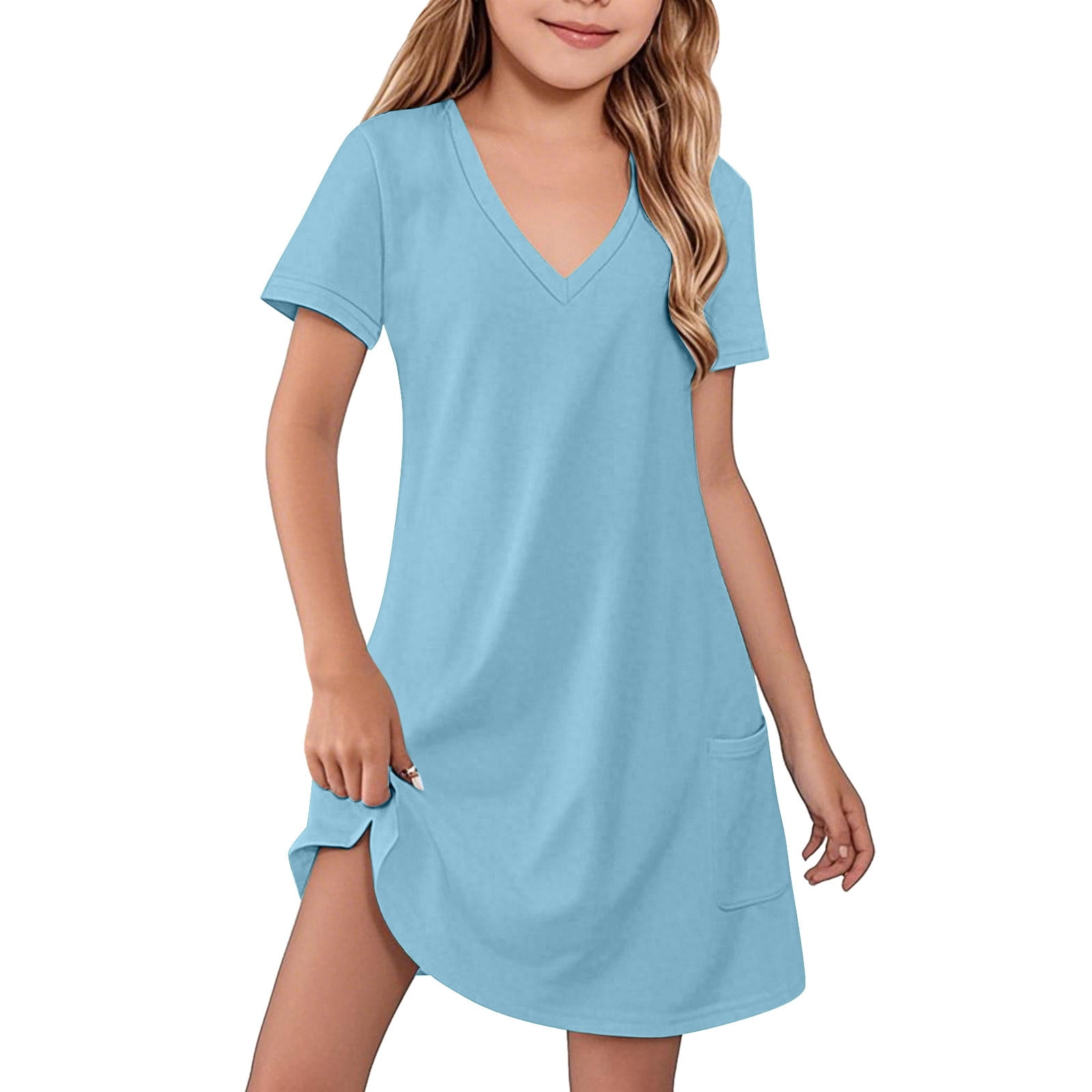 Agkizg Girls Short Sleeve Dresses Crewneck Solid Color Casual A Line ...