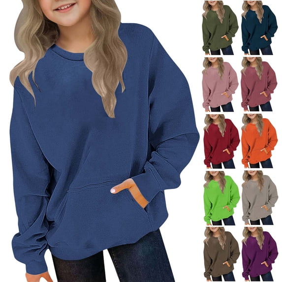 Agkizg Girls Solid Color Long Sleeve Sweatshirt with Pocket, Round Neck ...