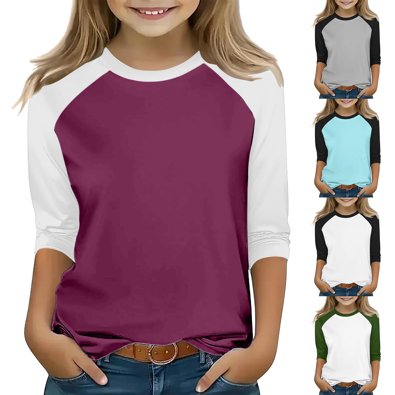 Agkizg Girls Solid Color Raglan 3/4 Sleeve Top, Round Neck Casual ...