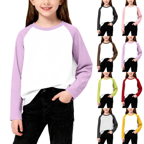 Agkizg Girls Solid Color Raglan Sleeve Long Sleeve Tee, Round Neck ...