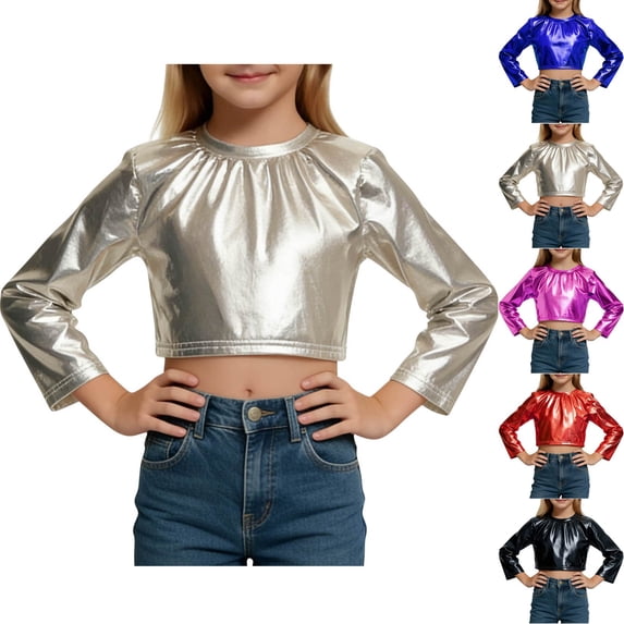 Agkizg Girls Solid Color Shiny Long Sleeve Top, Cropped Length ...