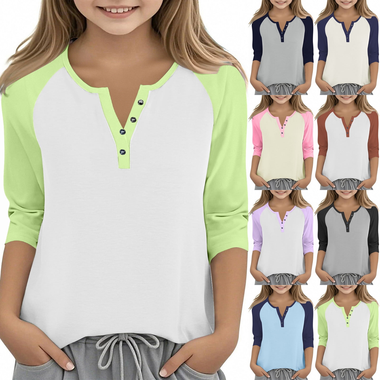 Agkizg Girls Solid Color V Neck Button Down Top, Raglan 3/4 Sleeve ...