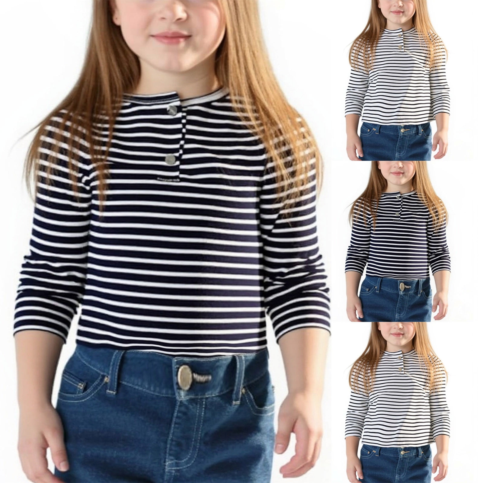 Agkizg Girls Striped Button Down Top, Round Neck Long Sleeve Casual ...