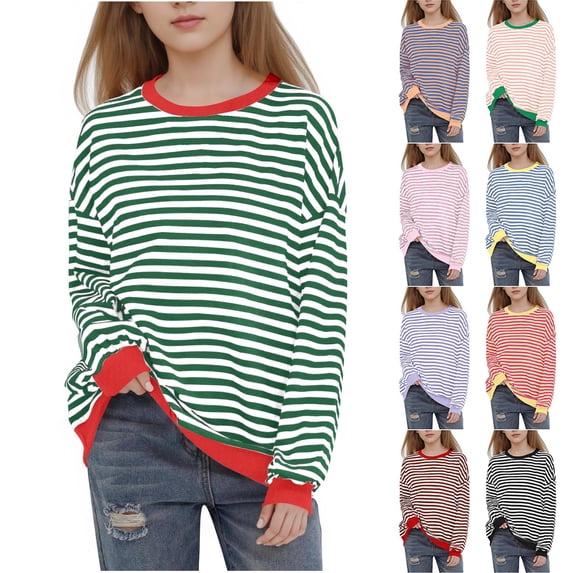 Agkizg Girls Striped Print Long Sleeve Sweatshirt, Drop Shoulder Round ...