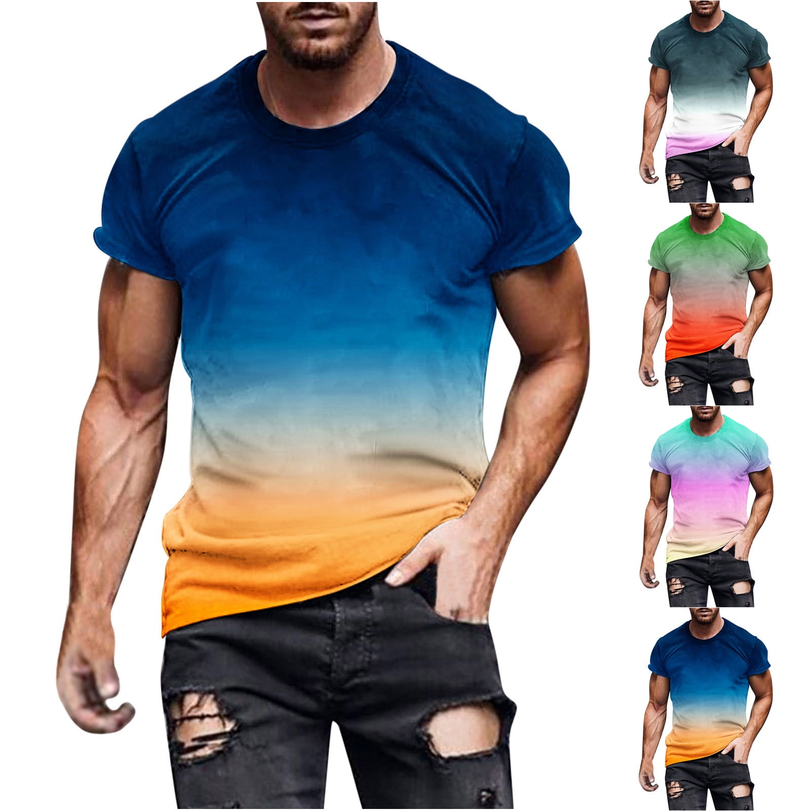 Agkizg Men Casual T Shirts Gradient Print Short Sleeve Crew Neck Tops ...