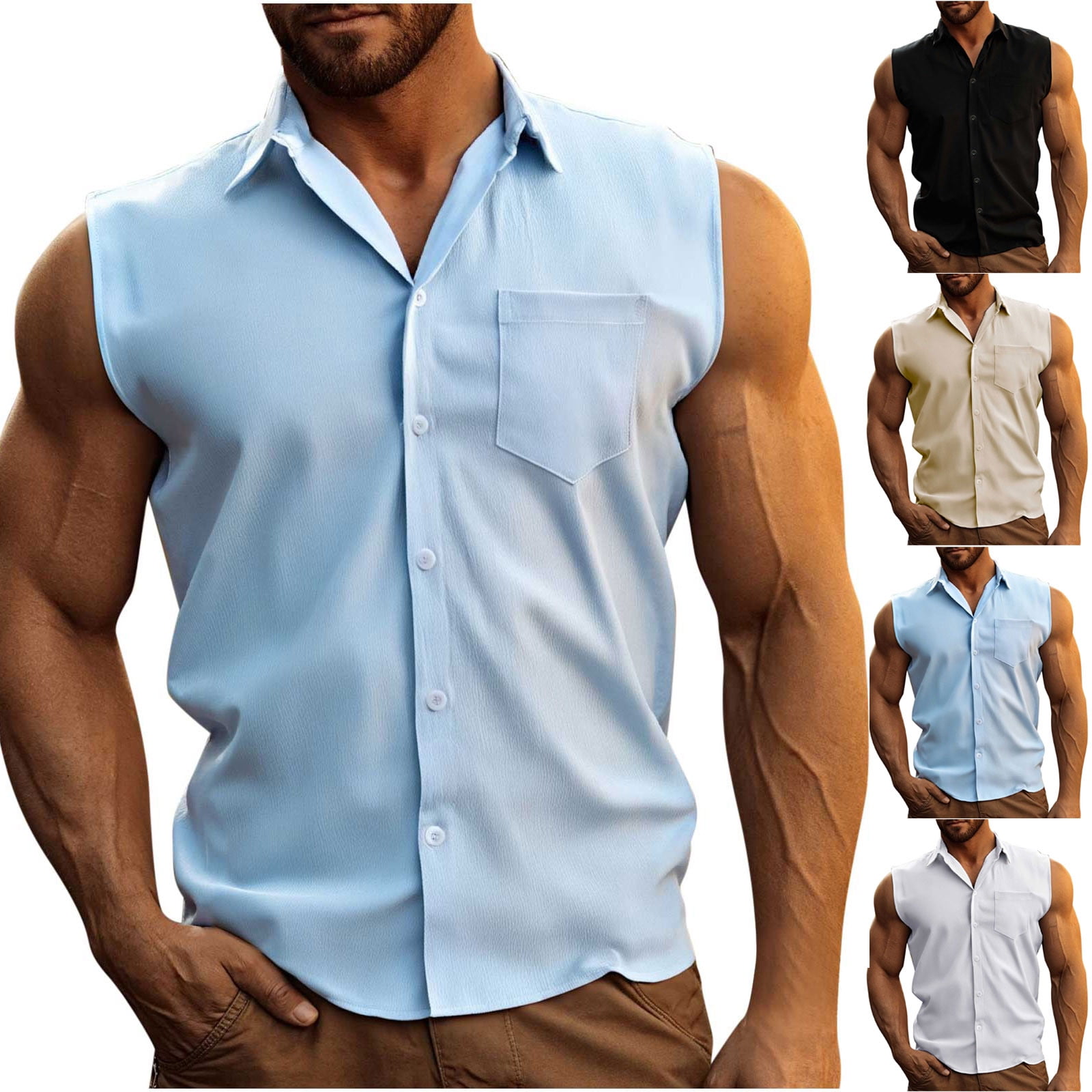 Agkizg Men's Casual Tank Top Solid Color Turn Down Collar Sleeveless ...