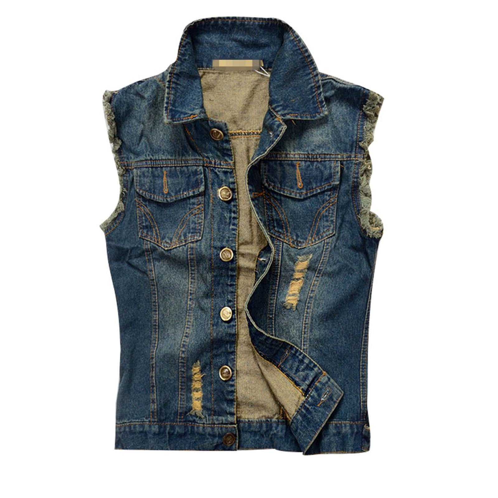 Agkizg Men's Denim Vests Solid Color Sleeveless Turn Down Collar Casual ...