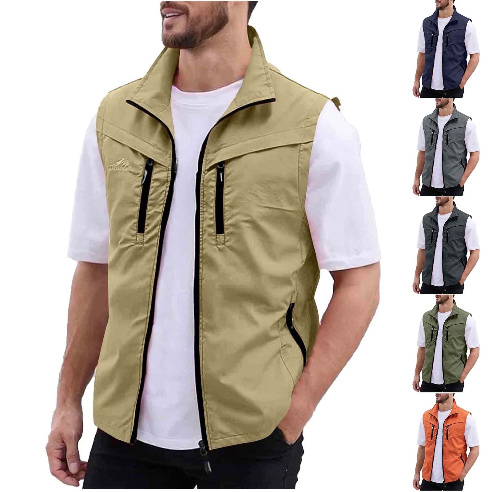 Agkizg Men's Outdoor Vests Solid Color Loose Fitting Multi Pocket Zip ...