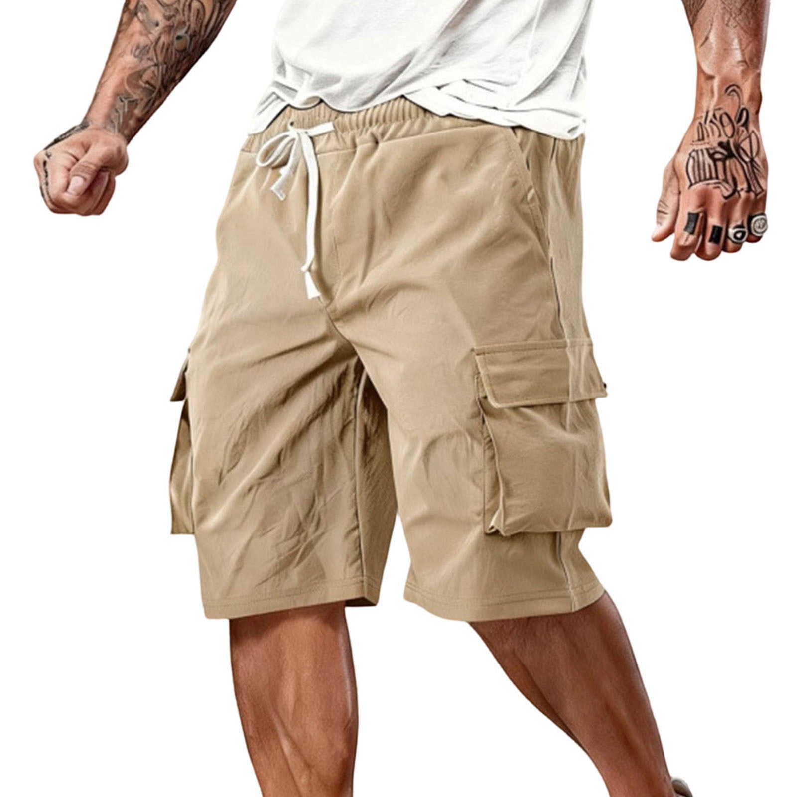 Agkizg Men's Shorts Solid Color Cargo 5 Inch Inseam Elastic Waistband ...