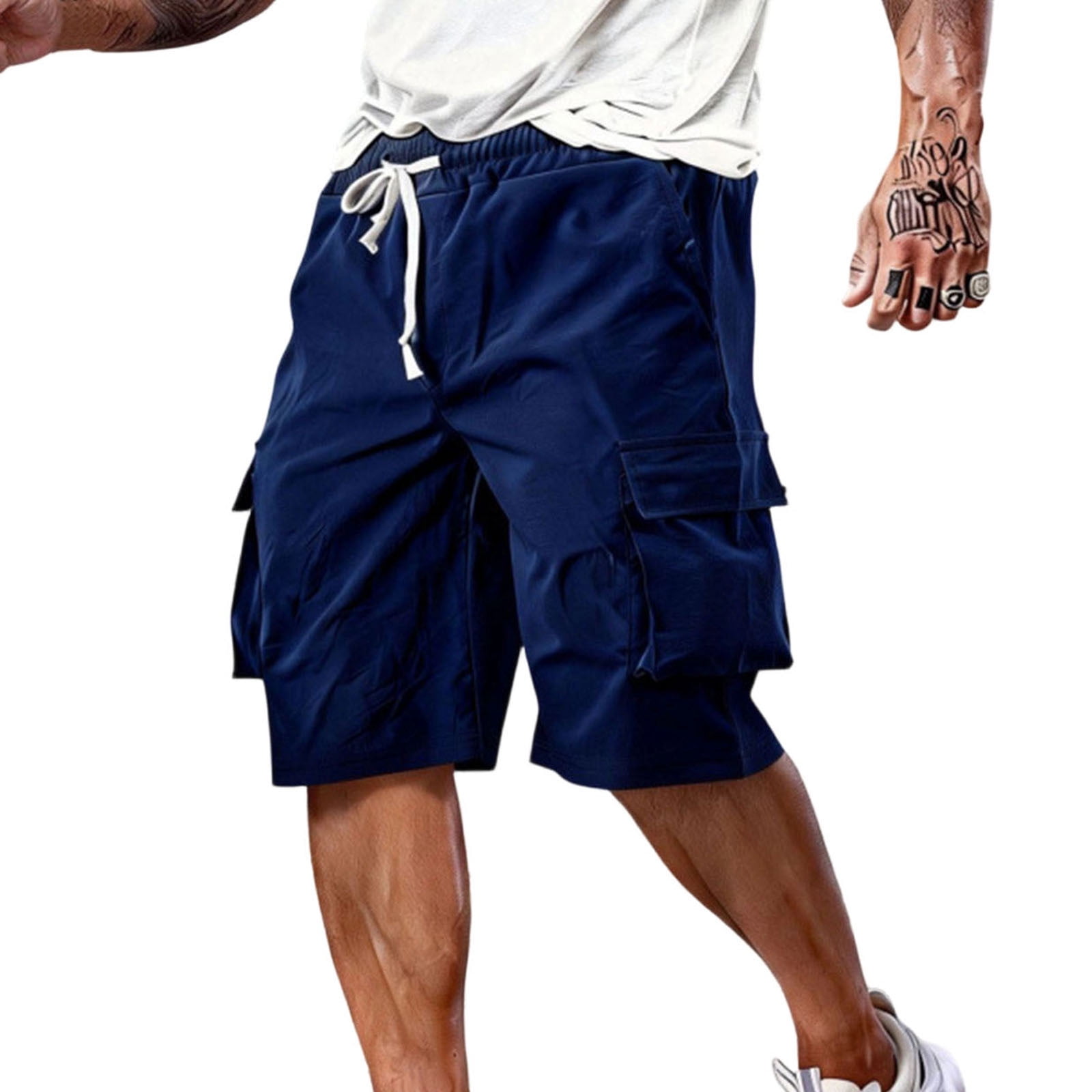 Agkizg Men's Shorts Solid Color Cargo 5 Inch Inseam Elastic Waistband ...