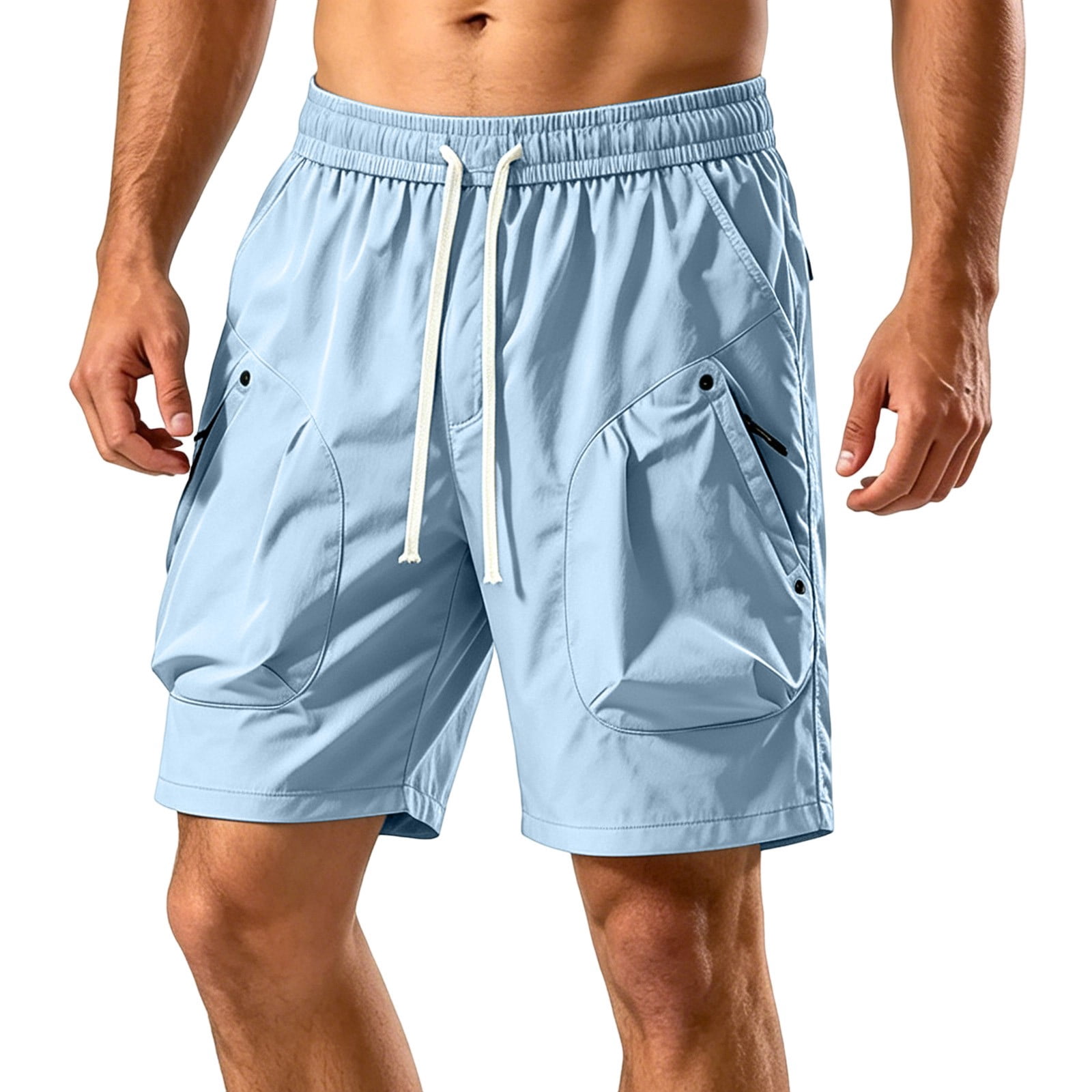 Agkizg Men's Shorts Solid Color Casual Cargo Elastic Waistband Zipper ...