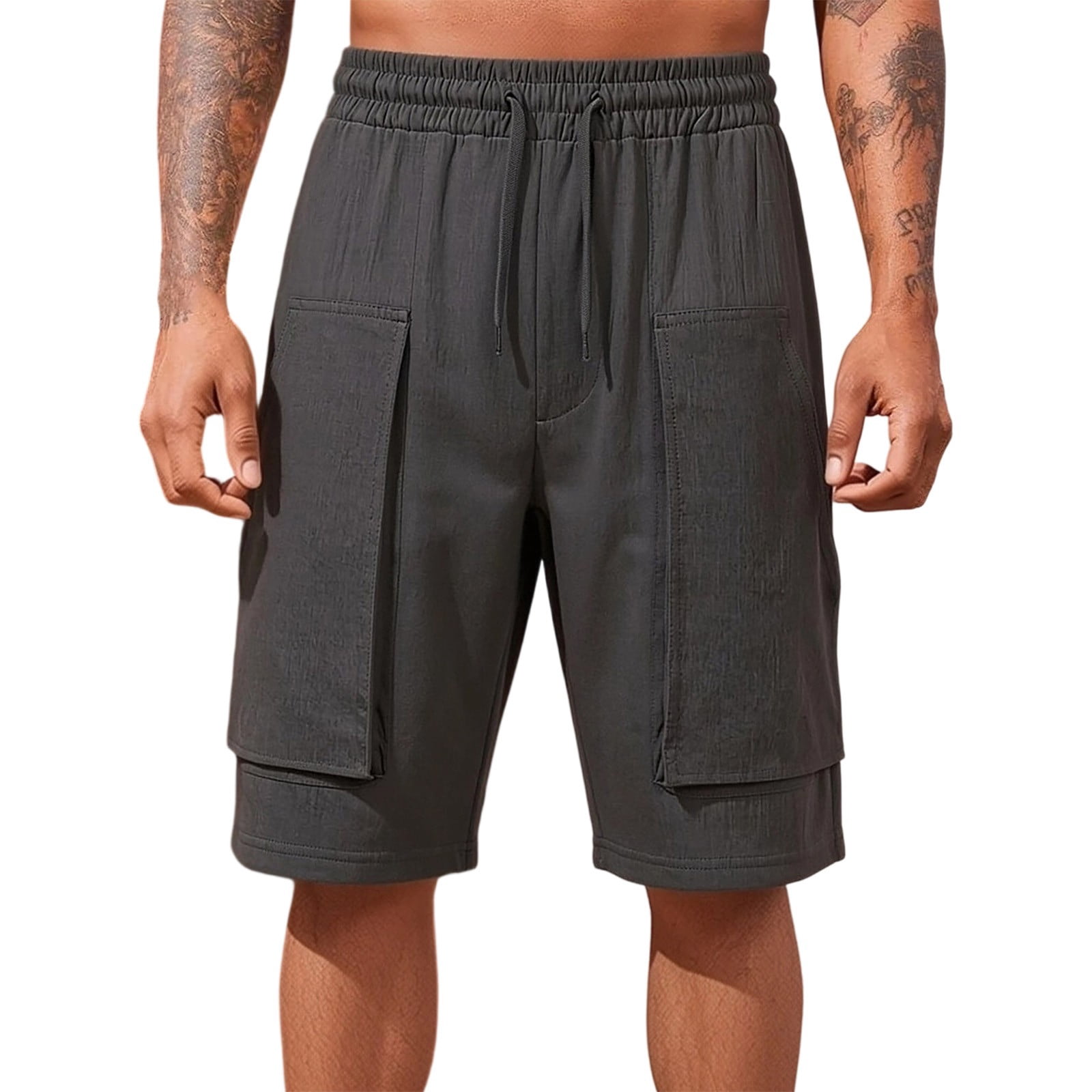 Agkizg Men's Shorts Solid Color Elastic Waistband Drawstring Closure ...