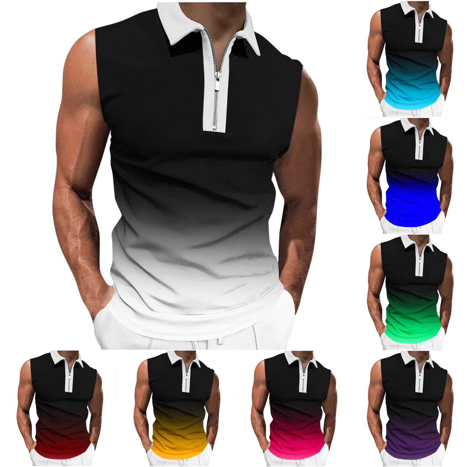 Agkizg Men's Workout Tank Top Zip Up Crew Neck Gradient Print ...