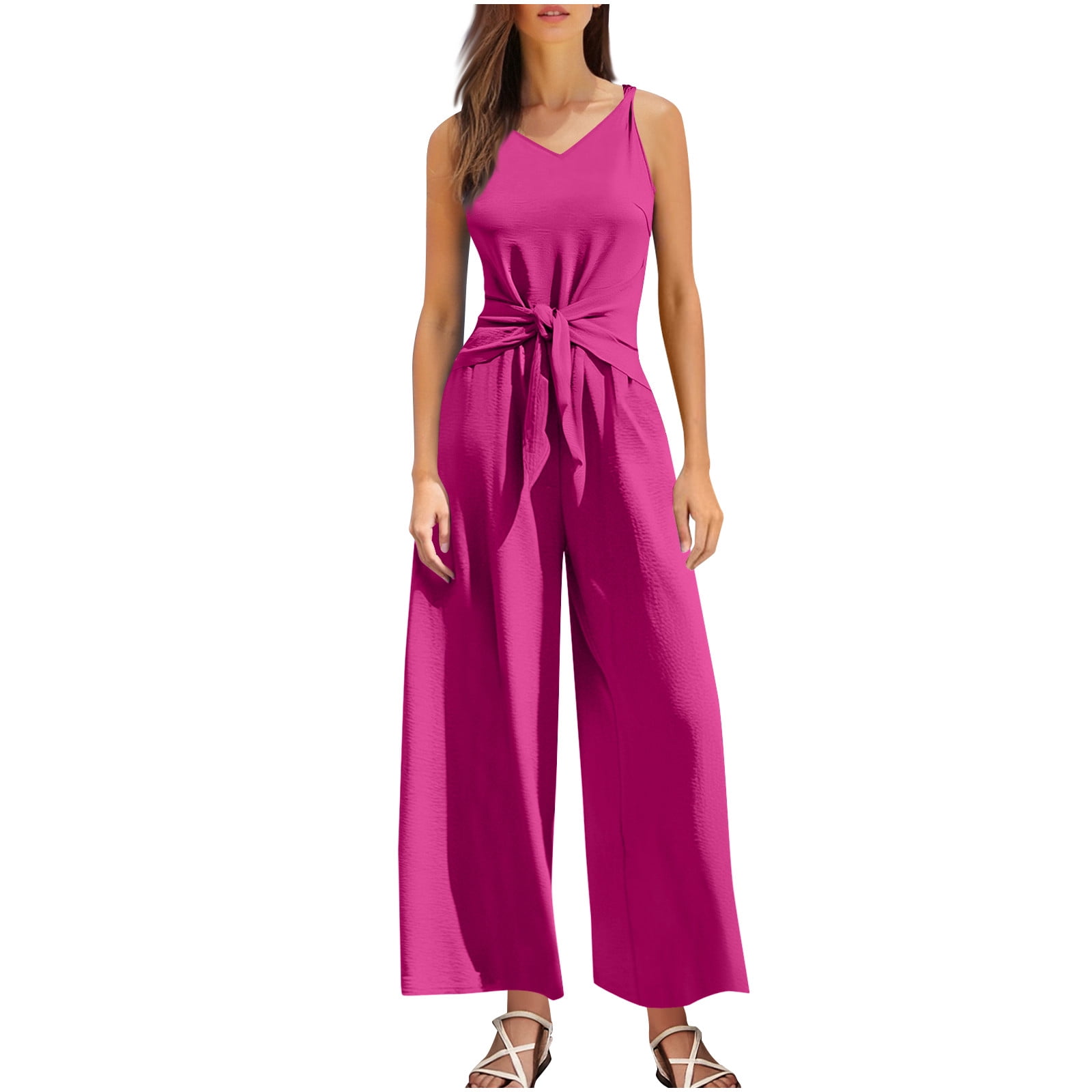 Agkizg Pants Jumpsuit for Women Solid Color Full Length V-Neck Wide-Leg ...