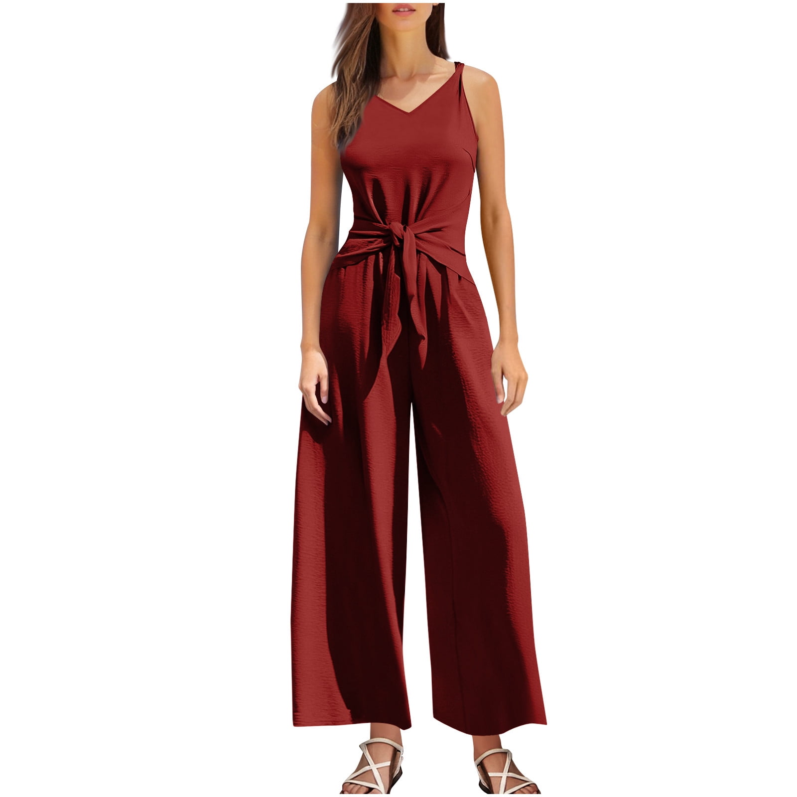 Agkizg Pants Jumpsuit for Women Solid Color Full Length V-Neck Wide-Leg ...