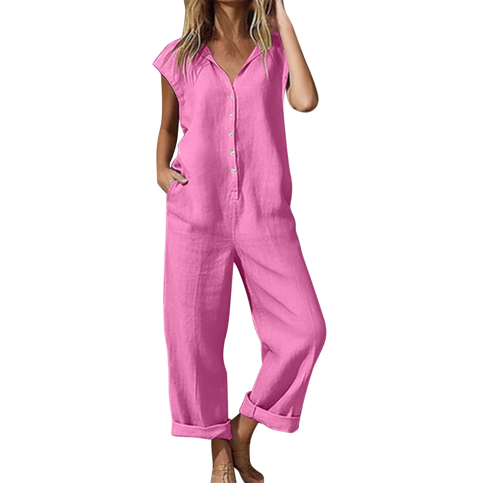 Agkizg Pants Jumpsuit for Women Solid Color Full Length Button Closure ...