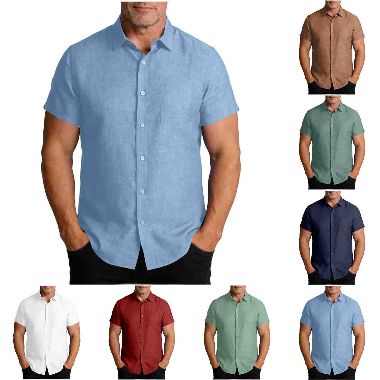 Agkizg Short Sleeve Shirts Solid Summer Cotton Linen Loose Beach Shirt ...