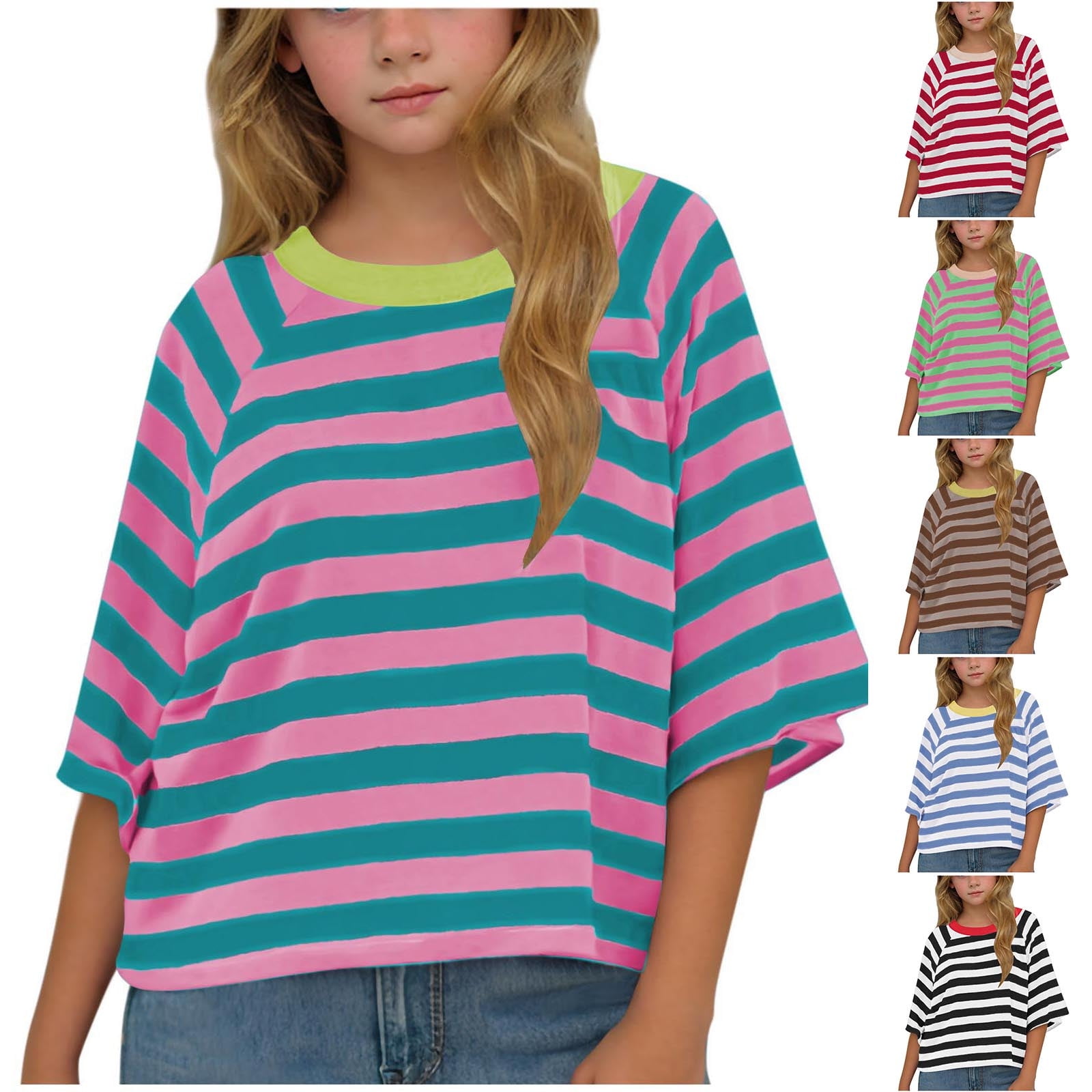 Agkizg Summer Girls Casual Tops Fashion 3/4 Sleeve Tops Round Neck ...
