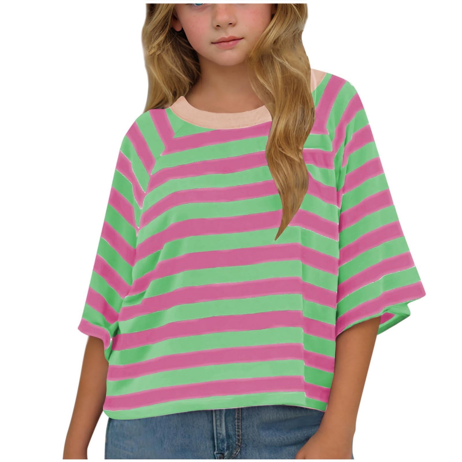 Agkizg Summer Girls Casual Tops Fashion 3/4 Sleeve Tops Round Neck ...