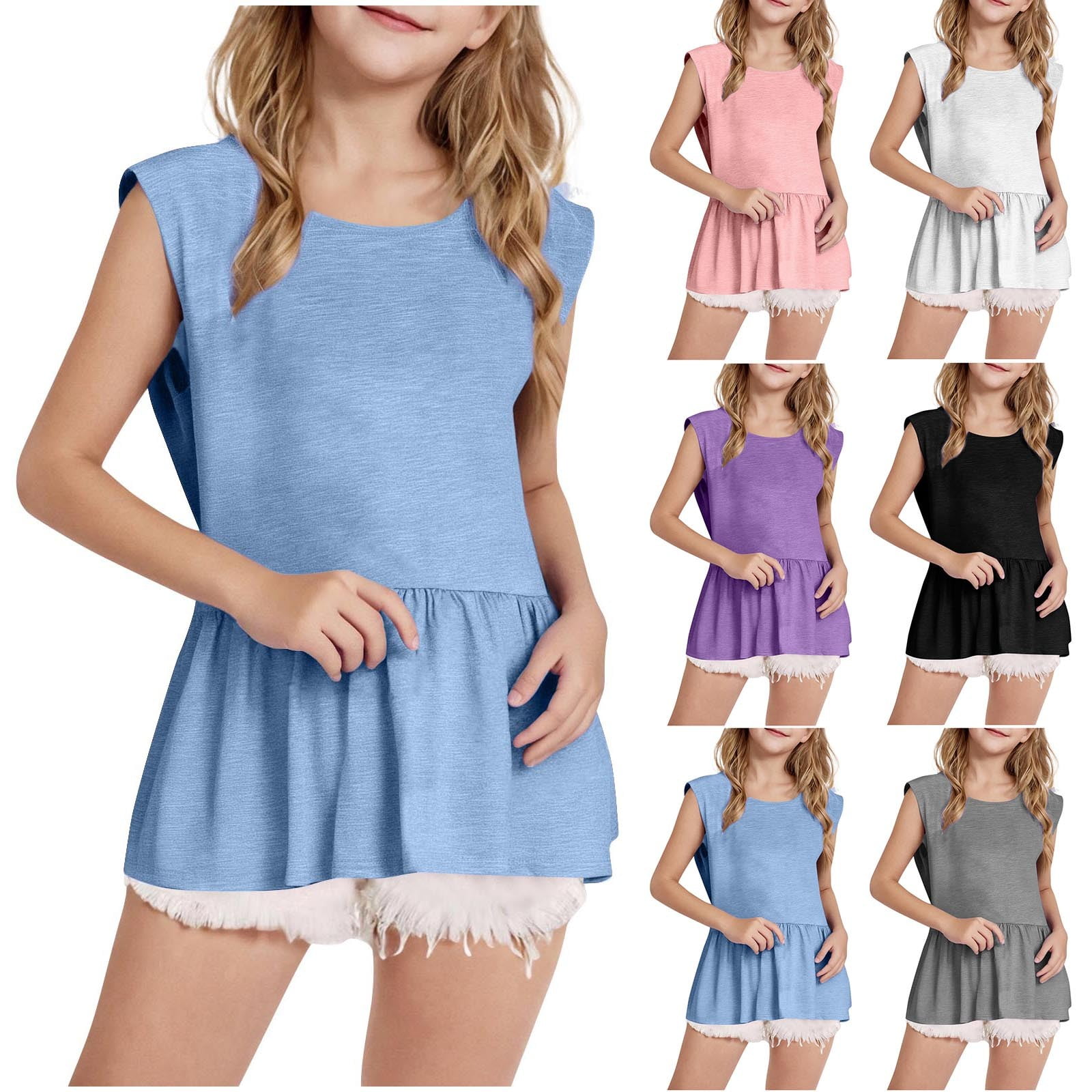 Agkizg Summer Girls Casual Tops Fashion Fly Sleeve Tops Round Neck ...