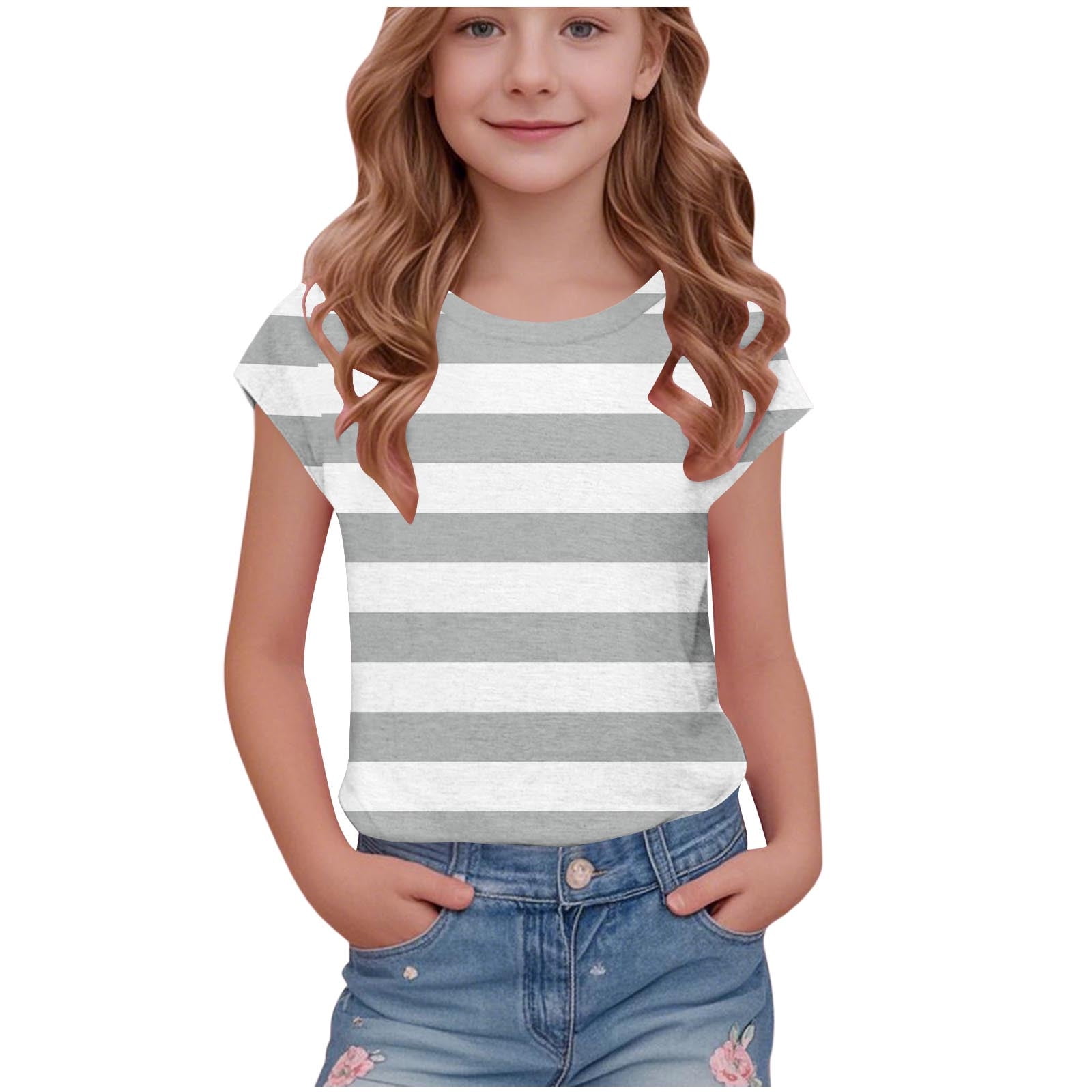 Agkizg Summer Girls Casual Tops Fashion Short Sleeve Tops Round Neck ...