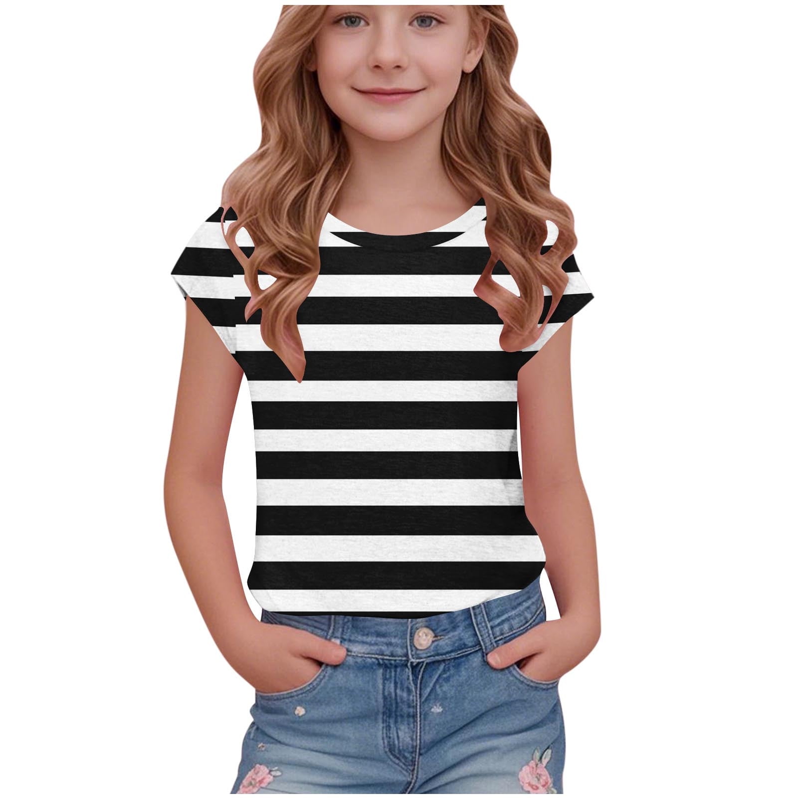 Agkizg Summer Girls Casual Tops Fashion Short Sleeve Tops Round Neck ...