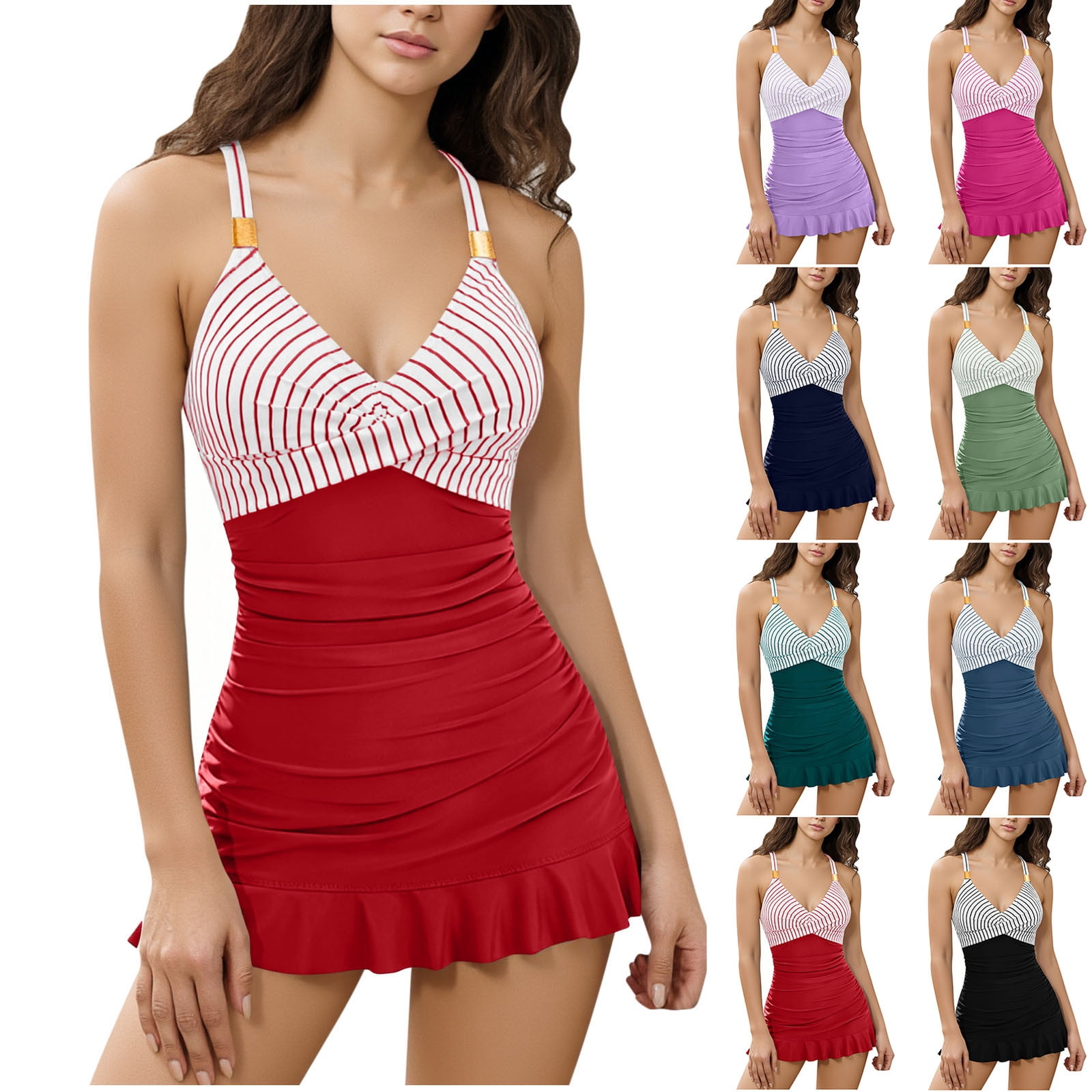 Agkizg Swim Dress for One Piece Swimsuit Striped and Solid Color ...