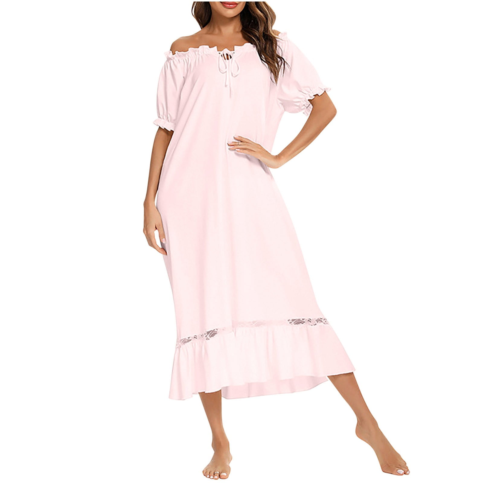 Agkizg Women Short Sleeve Nightgown Cute Ruffled Hem Round Neck ...