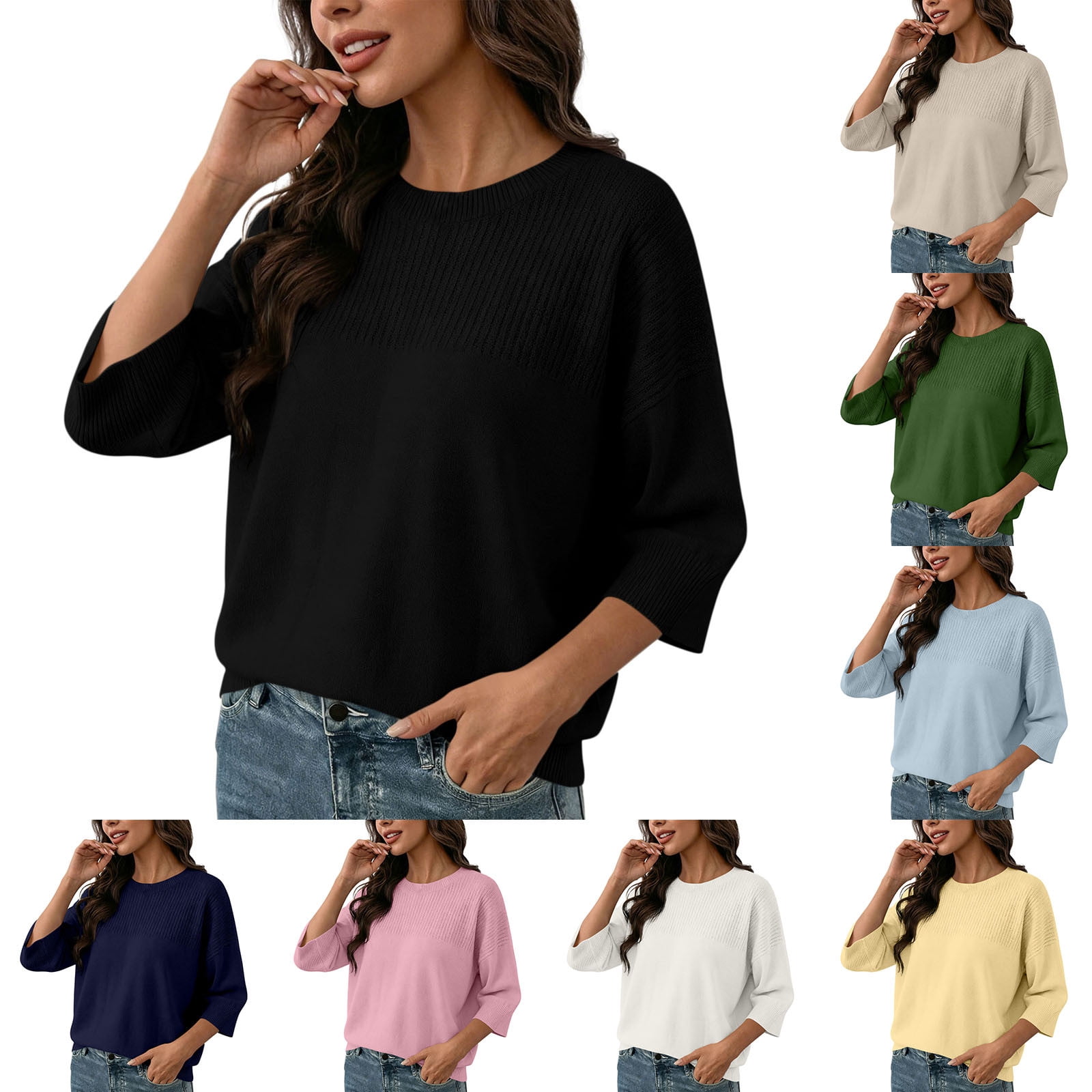 Agkizg Women's 3/4 Sleeve Crew Neck Pullover Top, Knit Solid Casual ...